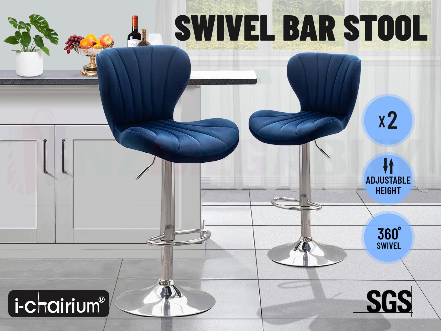 Blue Velvet Bar Stools NZ – Adjustable Swivel Kitchen & Dining Chairs ...